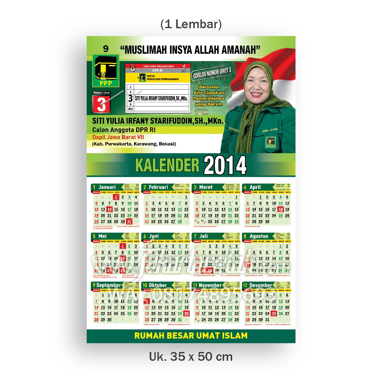 Kalender Dinding 1 lembar Uk. 35 x 50 cm